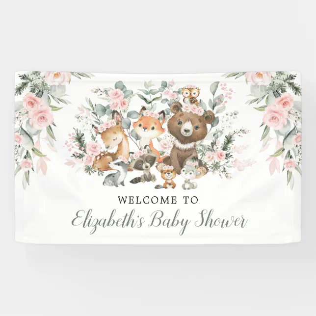 Pink Floral Woodland Forest Animals Baby Welcome Banner | Zazzle