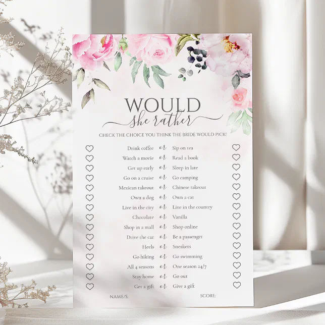 Pink Floral Would She Rather Bridal Shower Game | Zazzle