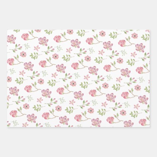 Pink Floral Wrapping Paper Flat Sheet Set of 3 | Zazzle