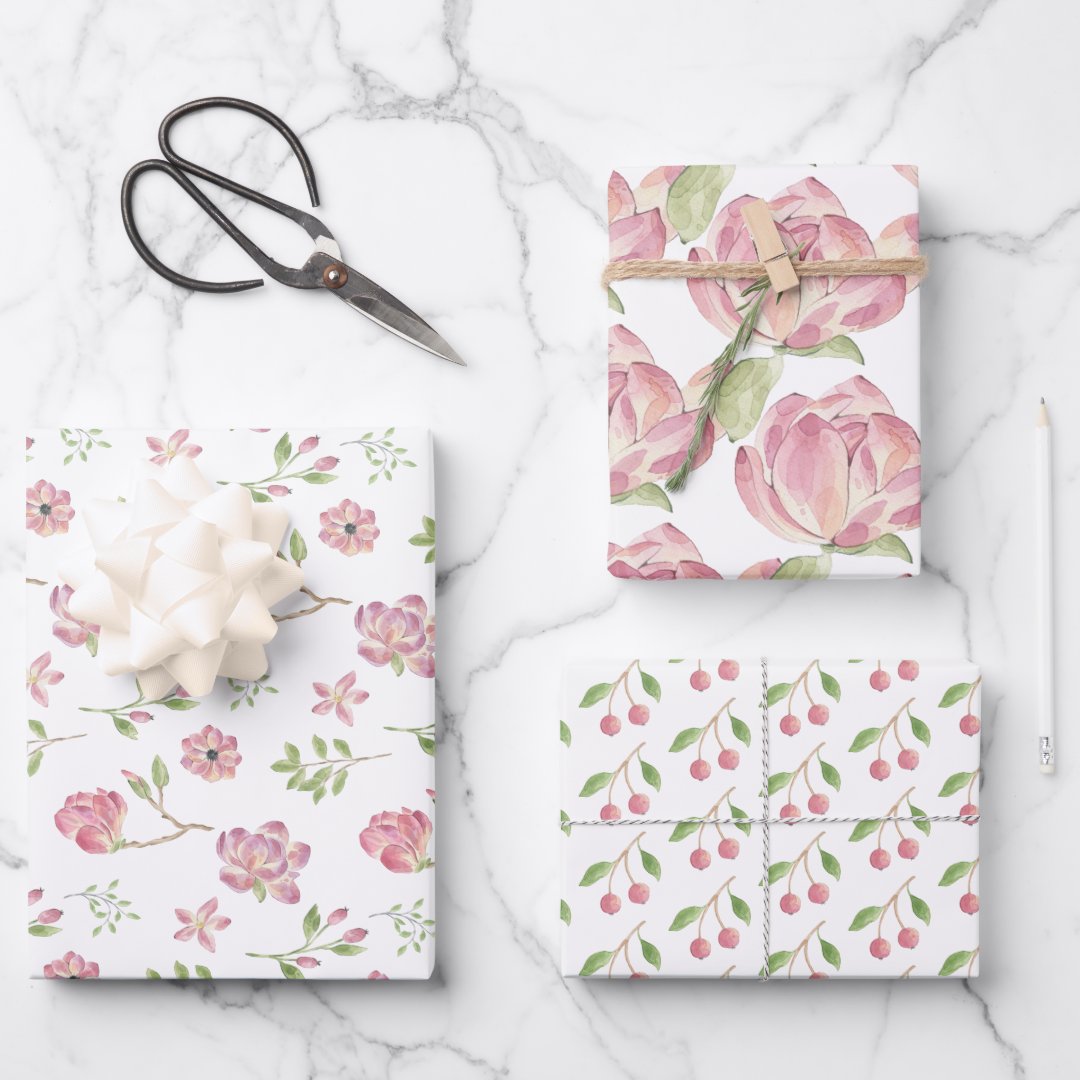 Pink Floral Wrapping Paper Flat Sheet Set of 3 | Zazzle