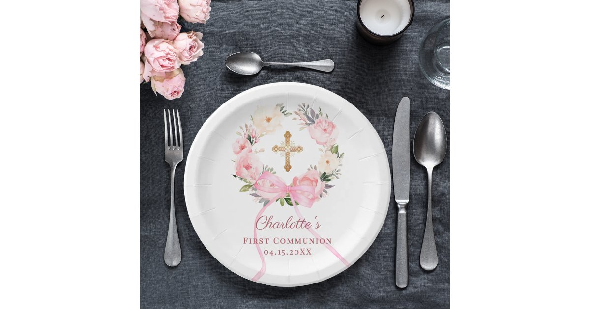Pink floral wreath bow First Communion Paper Plates | Zazzle