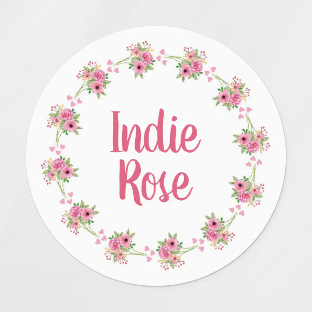Pink Floral Wreath Custom Name School Labels | Zazzle
