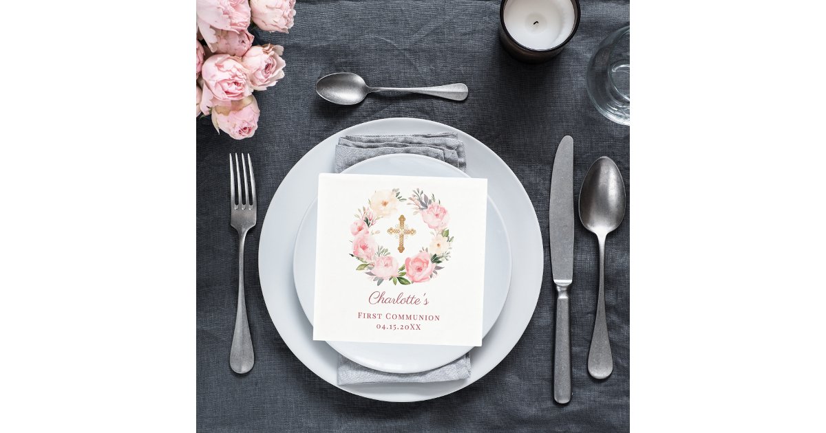 Pink floral wreath girl First Communion Napkins | Zazzle