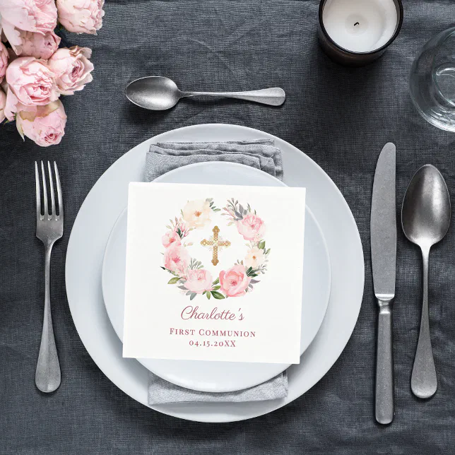 Pink floral wreath girl First Communion Napkins | Zazzle