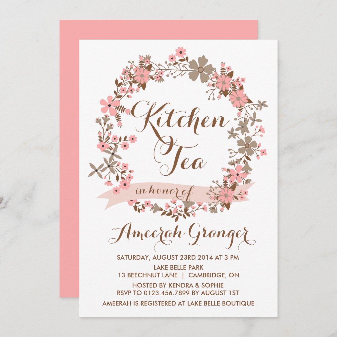Pink Floral Wreath Kitchen Tea Party Invitation | Zazzle