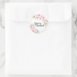 Pink Floral You’re Invited Classic Round Sticker | Zazzle
