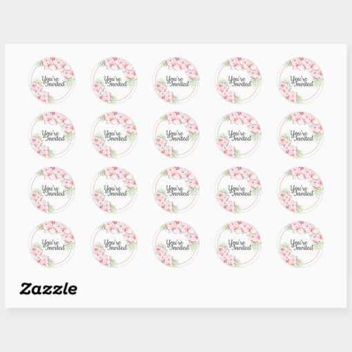 Pink Floral You’re Invited Classic Round Sticker | Zazzle