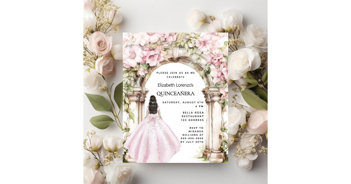 Pink florals arch dress Quinceanera invitation | Zazzle