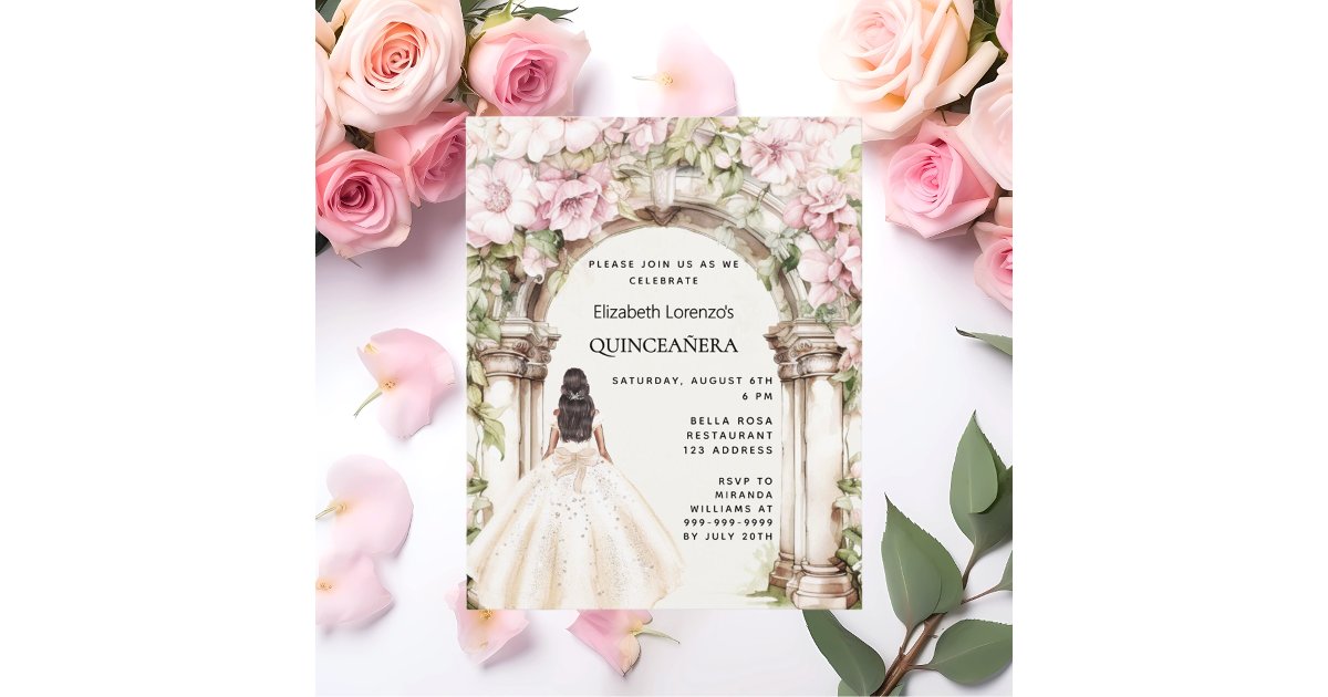 Pink florals arch dress Quinceanera invitation | Zazzle