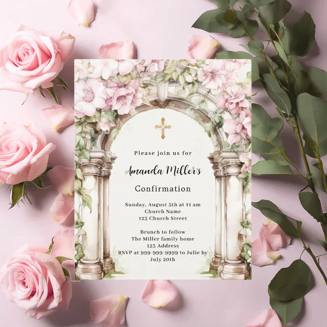 Pink florals arch girl Confirmation invitation | Zazzle