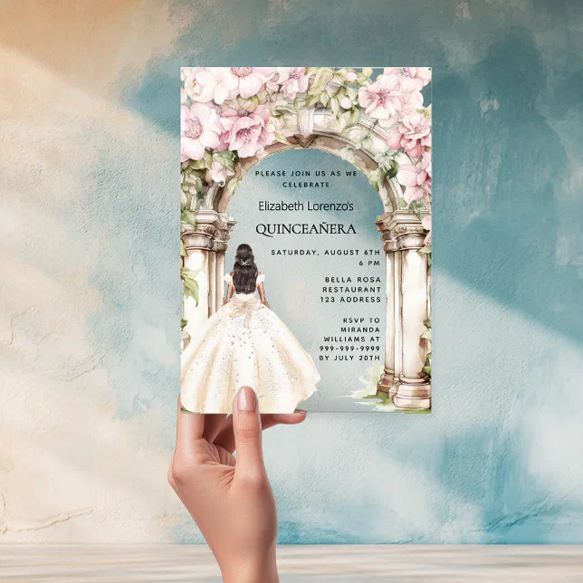 Pink florals arch white dress clear Quinceanera Acrylic Invitations ...