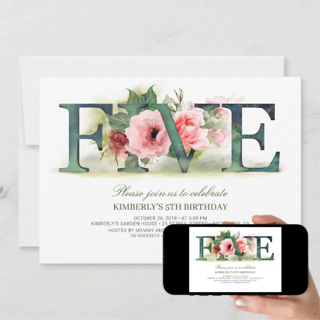 Pink Florals FIVE | 5th Birthday Party Invitation | Zazzle