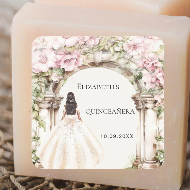 Pink florals marble arch dress Quinceanera Square Sticker | Zazzle
