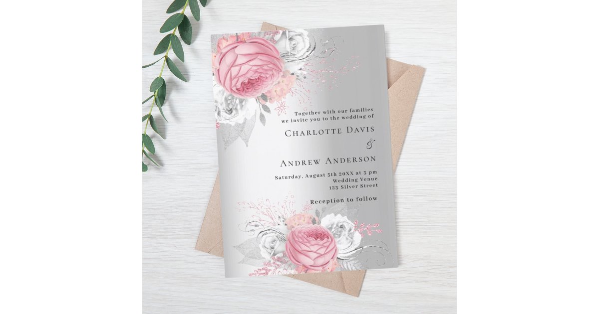 Pink florals silver elegant wedding invitation | Zazzle
