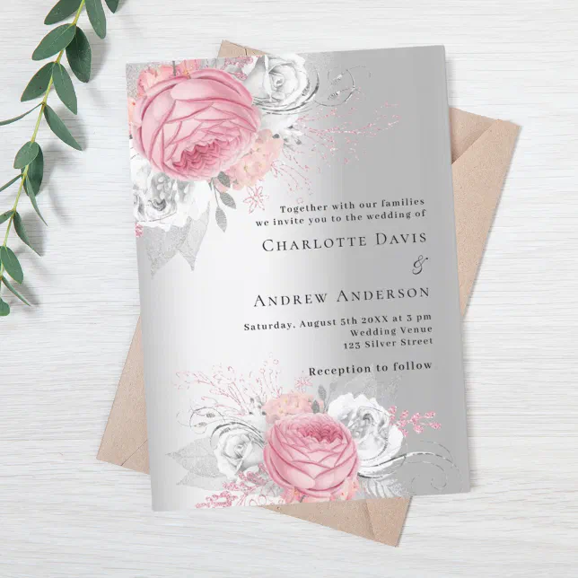 Pink florals silver elegant wedding invitation | Zazzle