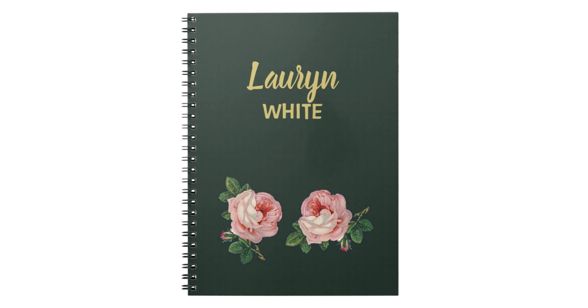 Pink flower and leaves on dark green notebook | Zazzle