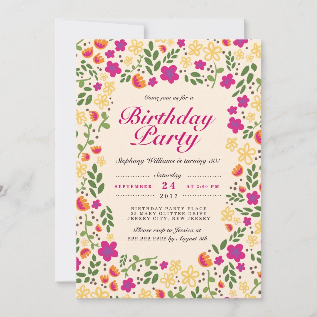 Pink Flower Garden Whimsy Birthday Invite | Zazzle