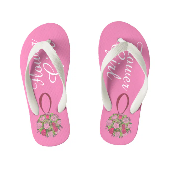 Pink Flower Girl Gown Bouquet Wedding Party Roses Kid's Flip Flops | Zazzle