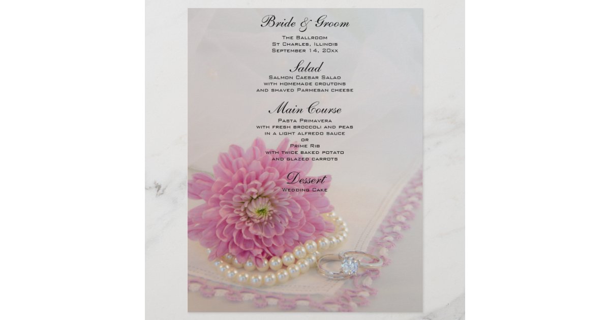 Pink Flower, Lace and Rings Wedding Menu | Zazzle