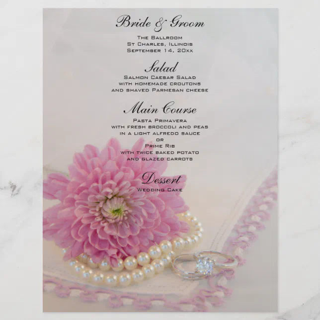 Pink Flower, Lace and Rings Wedding Menu | Zazzle