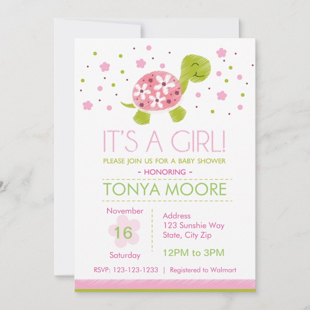 Pink Flower Turtle Baby Shower Invitation | Zazzle