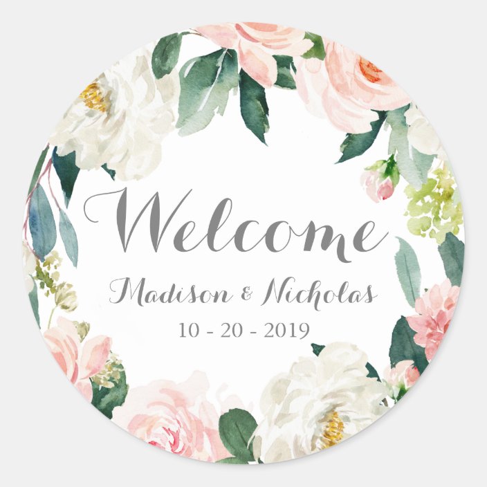 Pink Flower Wreath Wedding Welcome Stickers | Zazzle.com