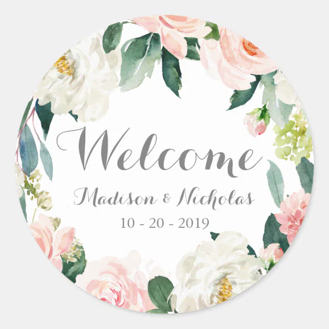 Pink Flower Wreath Wedding Welcome Stickers | Zazzle