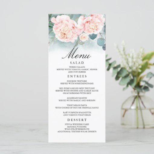 Pink Flowers and Greenery Wedding Menus | Zazzle