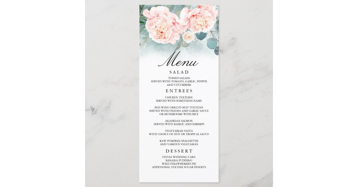 Pink Flowers and Greenery Wedding Menus | Zazzle