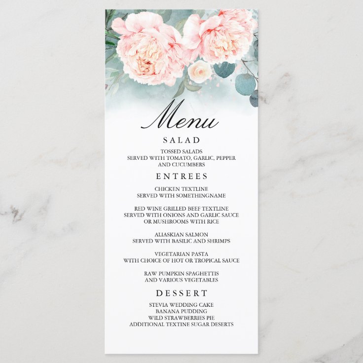 Pink Flowers and Greenery Wedding Menus | Zazzle