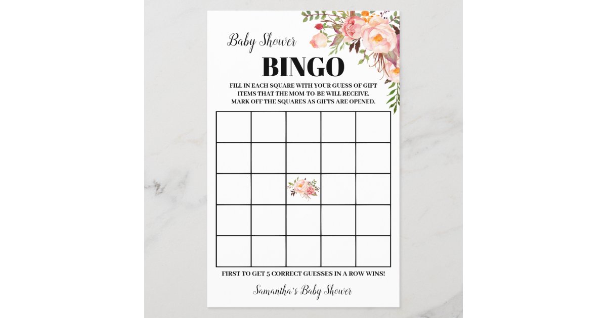 Pink Flowers Baby Shower Bingo Game Card Flyer | Zazzle