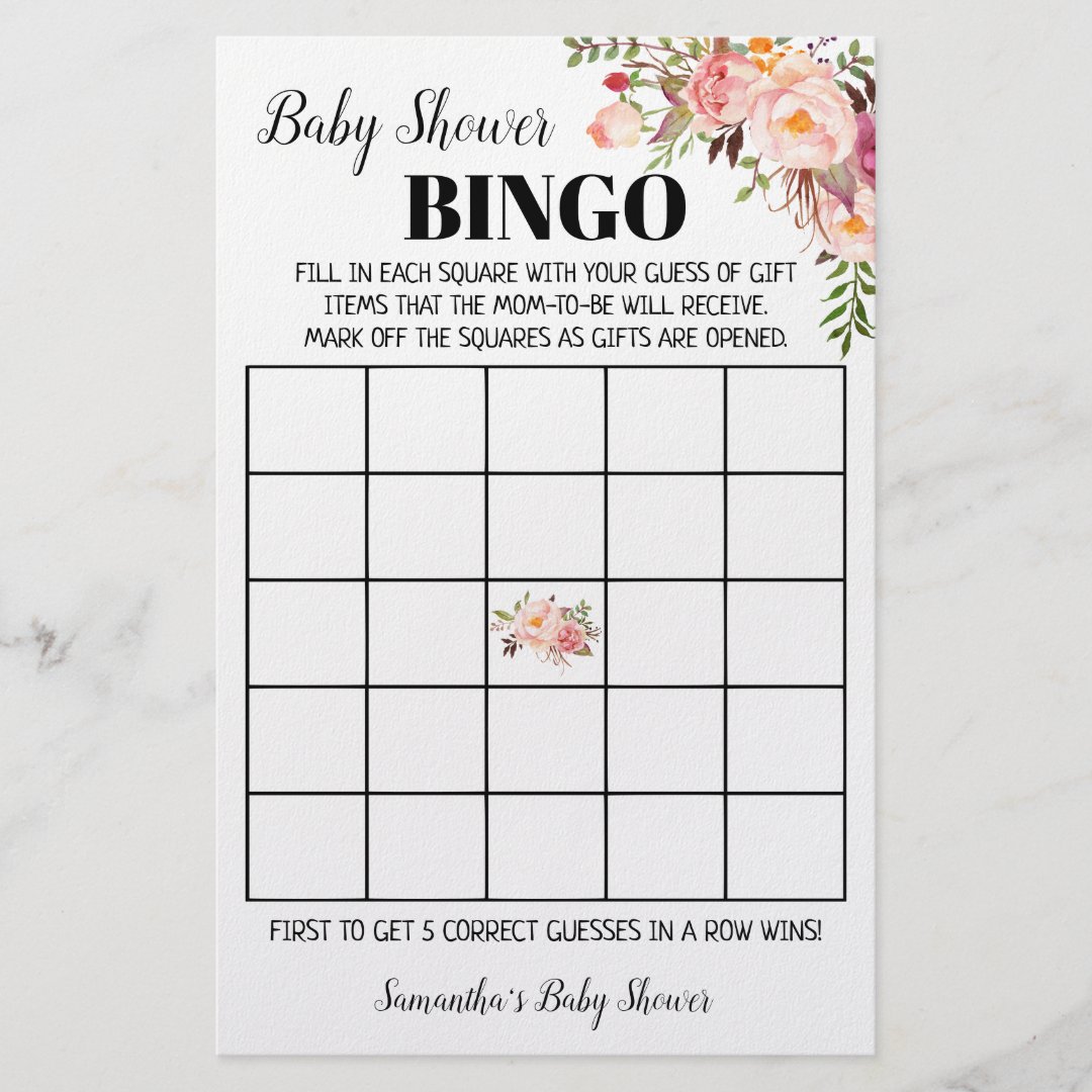 Pink Flowers Baby Shower Bingo Game Card Flyer | Zazzle