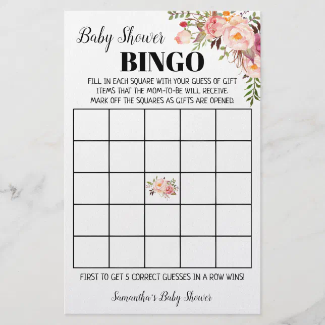 Pink Flowers Baby Shower Bingo Game Card Flyer | Zazzle