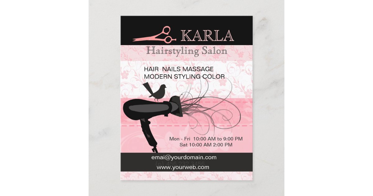 Pink Flowers Beauty Salon Dryer Hair Stylist Flyer | Zazzle