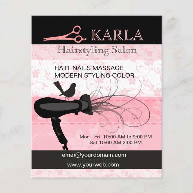 Pink Flowers Beauty Salon Dryer Hair Stylist Flyer | Zazzle