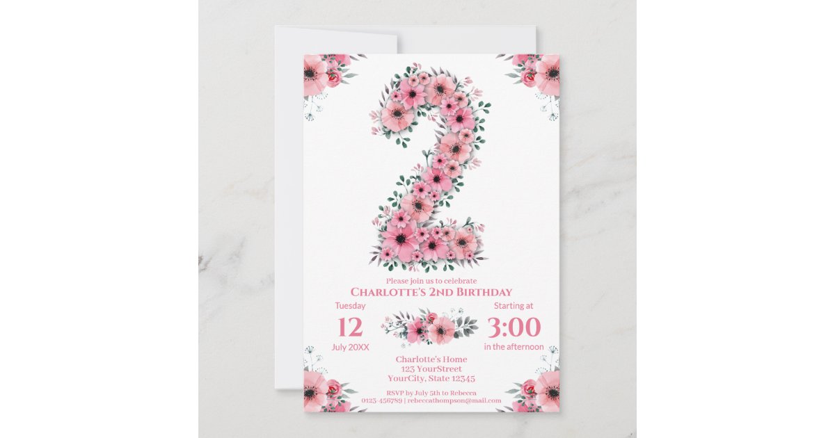 Pink Flowers Big 2nd Birthday Girl Green Foliage Invitation | Zazzle