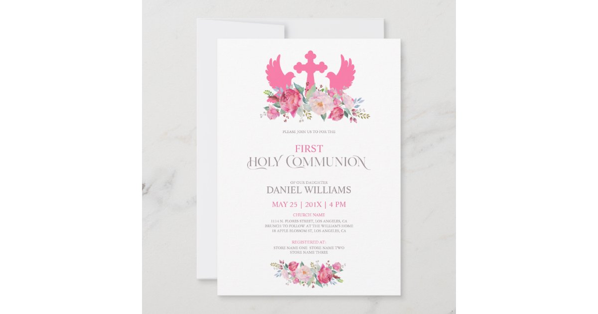 Pink flowers birds and a cross First Communion Invitation | Zazzle