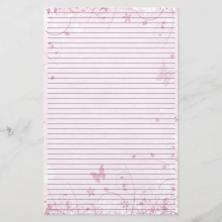 Pink Flowers Butterflies Lined Stationery Paper | Zazzle