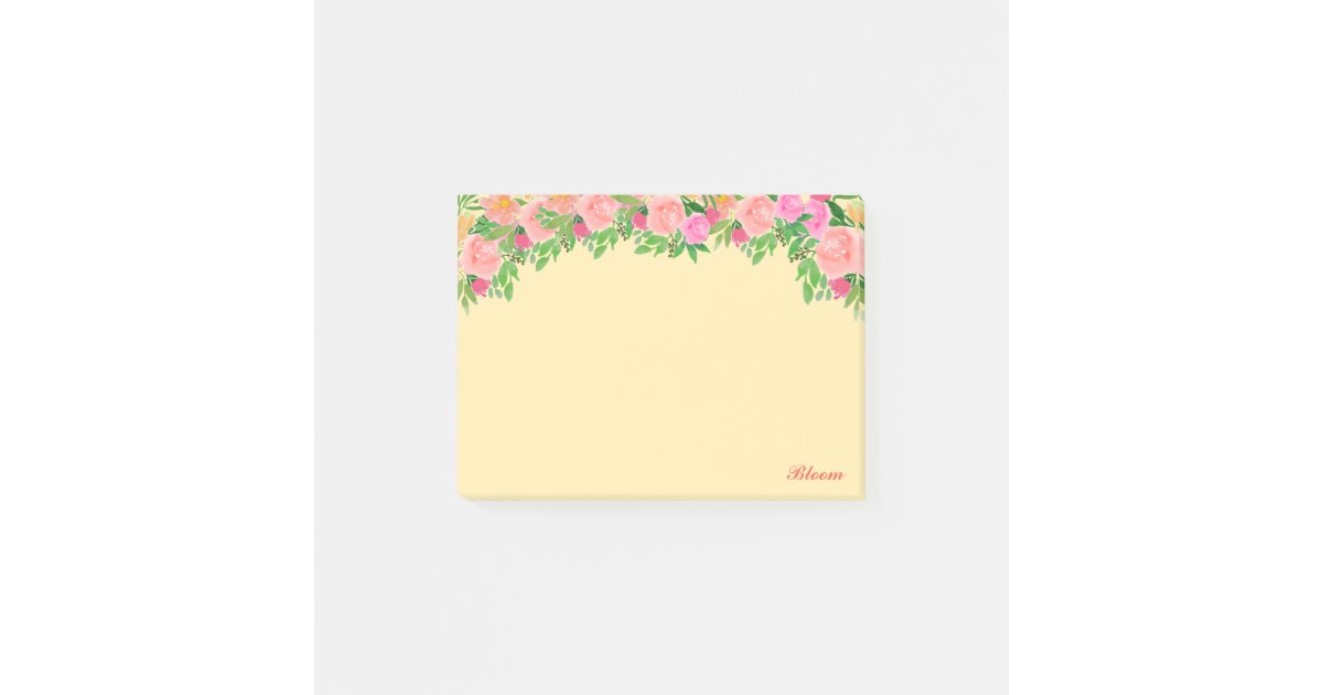 Pink flowers & calligraphy on light yellow post-it notes | Zazzle