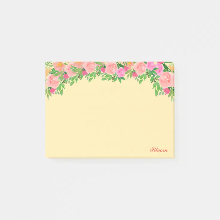 Pink flowers & calligraphy on light yellow post-it notes | Zazzle