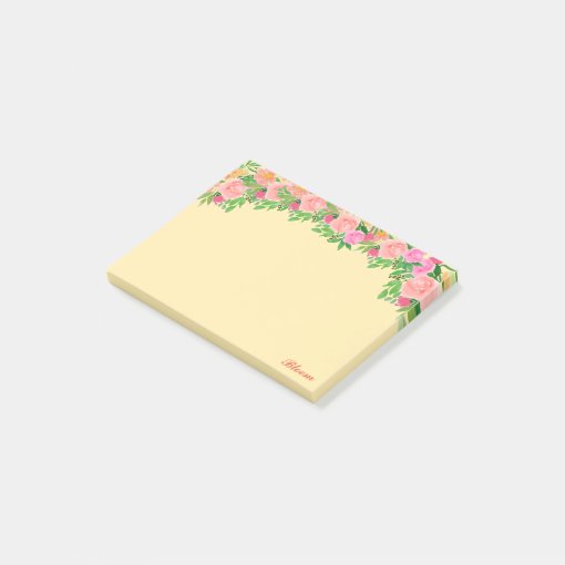 Pink flowers & calligraphy on light yellow post-it notes | Zazzle