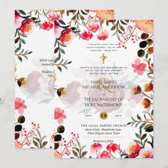 Pink Flowers Catholic Nuptial Mass Wedding Invitation | Zazzle