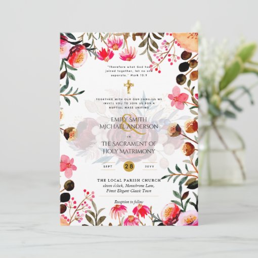 Pink Flowers Catholic Nuptial Mass Wedding Invitation | Zazzle