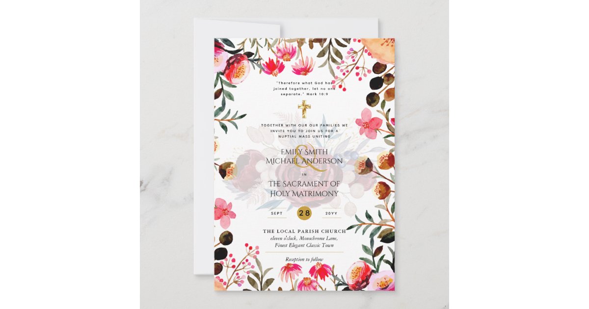 Pink Flowers Catholic Nuptial Mass Wedding Invitation | Zazzle