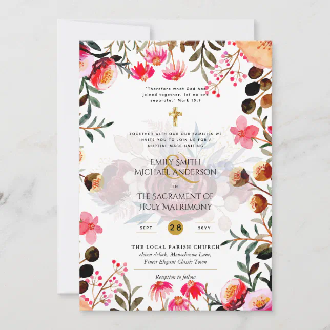 Pink Flowers Catholic Nuptial Mass Wedding Invitation | Zazzle