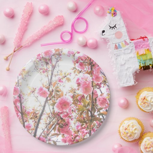 Pink Flowers Cherry Blossom Floral Patterns Pretty Paper Plates | Zazzle