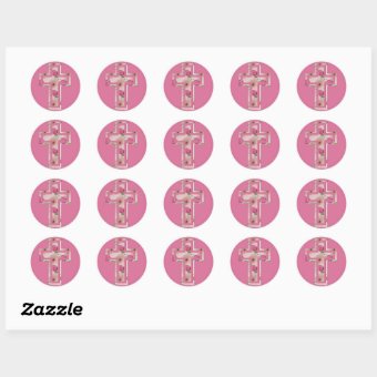 Pink Flowers Christian Cross Symbol Classic Round Sticker | Zazzle