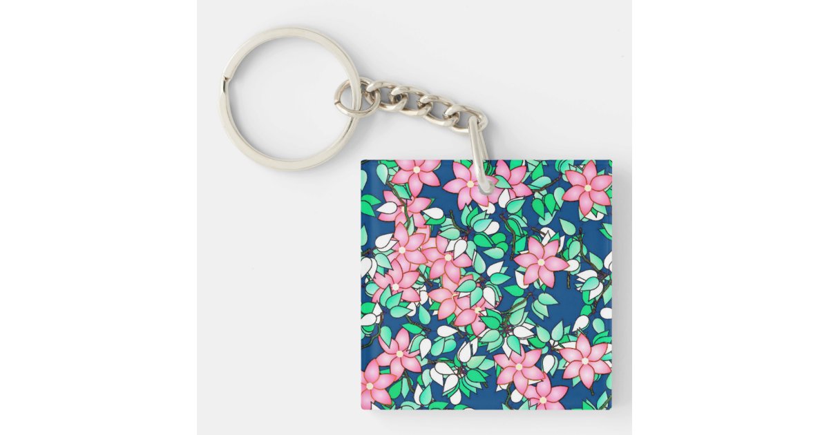 Pink flowers, dark blue background keychain | Zazzle