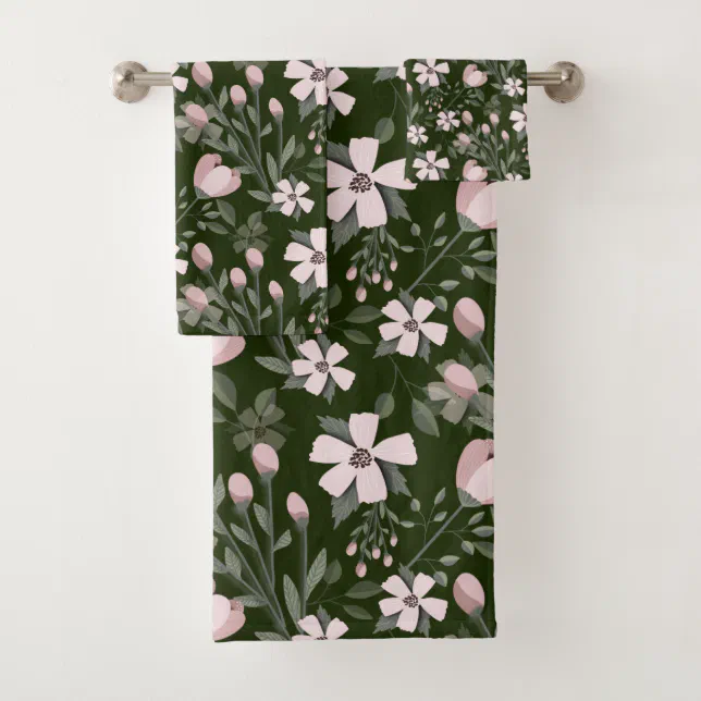 Pink flowers dark green leaves modern floral bath towel set | Zazzle