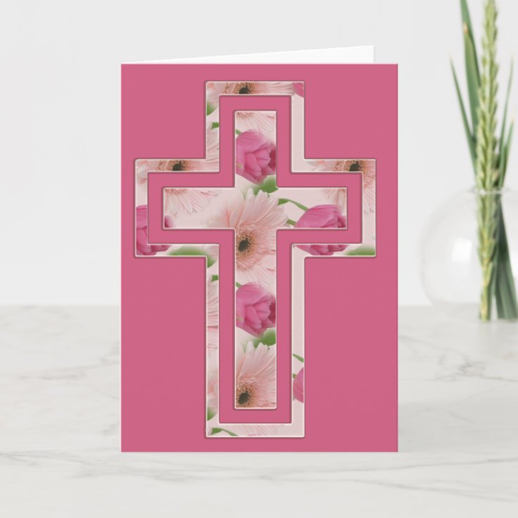 Pink Flowers Design Cross Christian Greeting Card | Zazzle